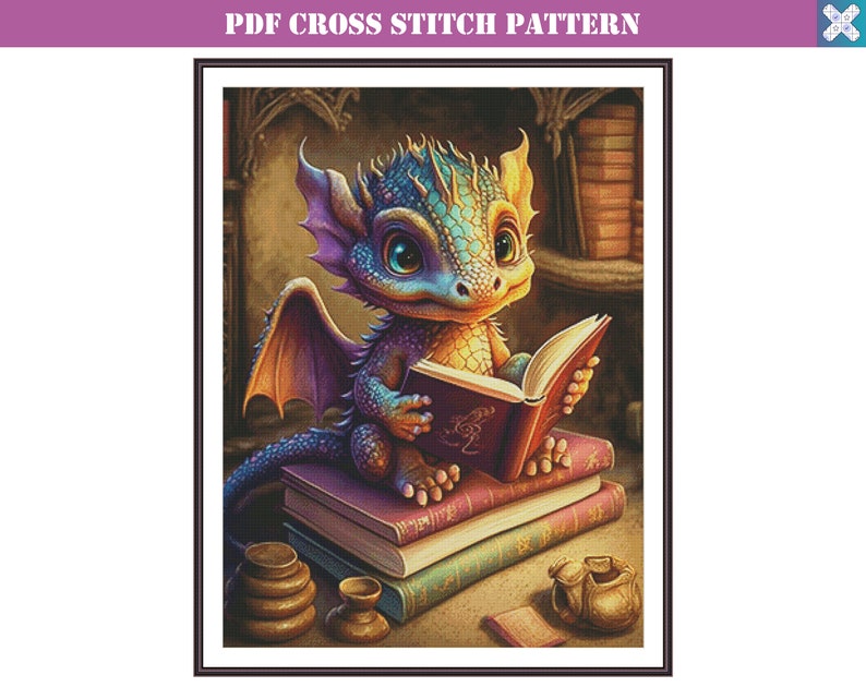 Cute Baby Dragon Reading a Book Fantasy Full Coverage Cross - Etsy