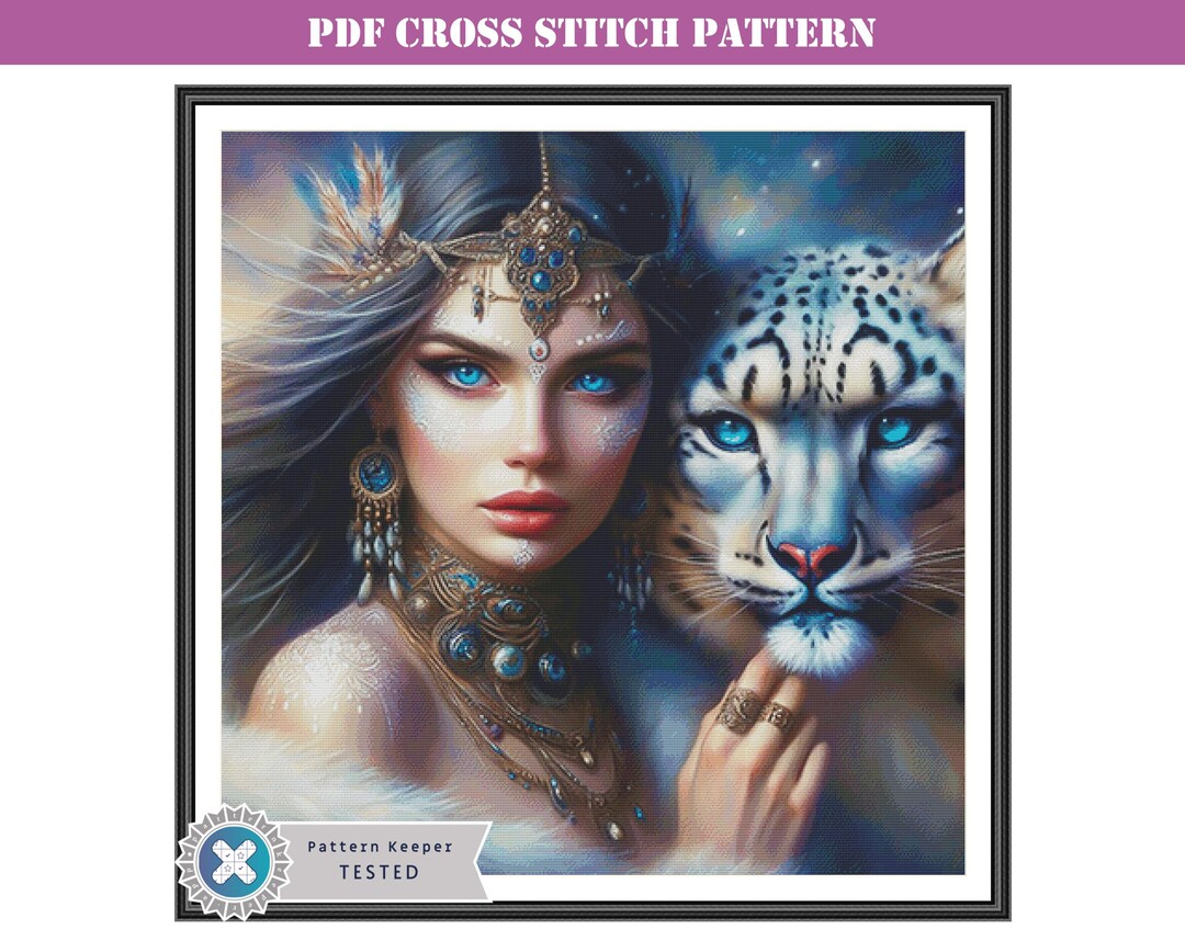 Fantasy Woman Snow Leopard Full Coverage Counted Cross Stitch Pattern ...