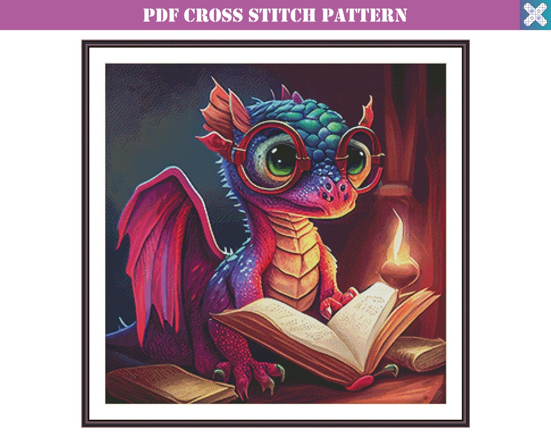 Cute Baby Dragon Reading a Book Fantasy Full Coverage Cross - Etsy