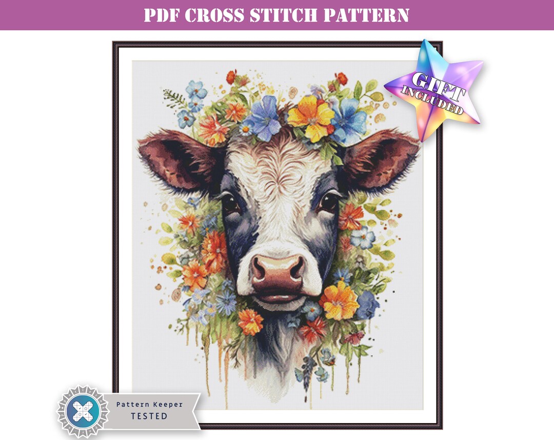 Cute Cow Portrait With Flowers Modern Full Coverage Cross Stitch ...