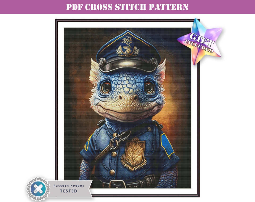 Adorable Policeman Baby Dragon Fantasy Full Coverage Cross Stitch ...
