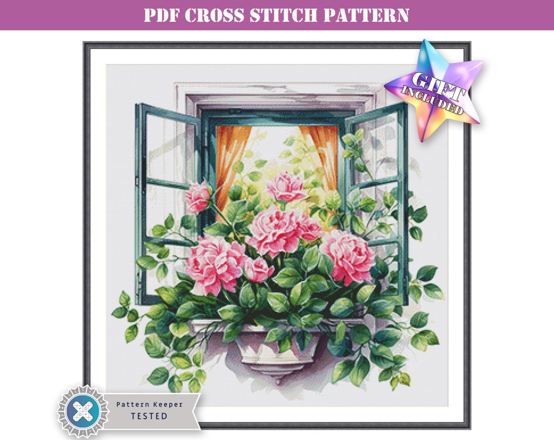 PDF Counted Cross Stitch Pattern - Window With Pink Flowers. Printable ...