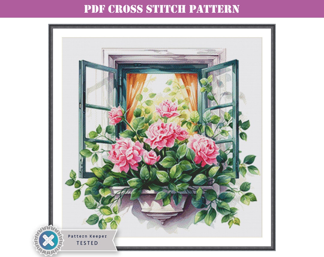 PDF Counted Cross Stitch Pattern Window With Pink Flowers. - Etsy