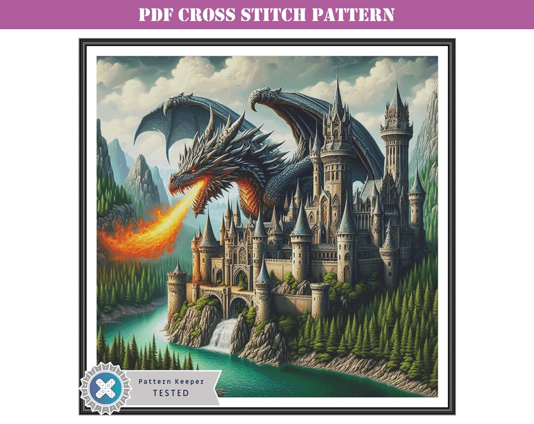 Fierce Fantasy Castle Dragon Full Coverage Cross Stitch Pattern PDF ...