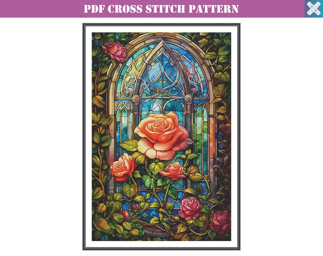 Stained Glass Window Peach Roses Advanced Colorful Full - Etsy