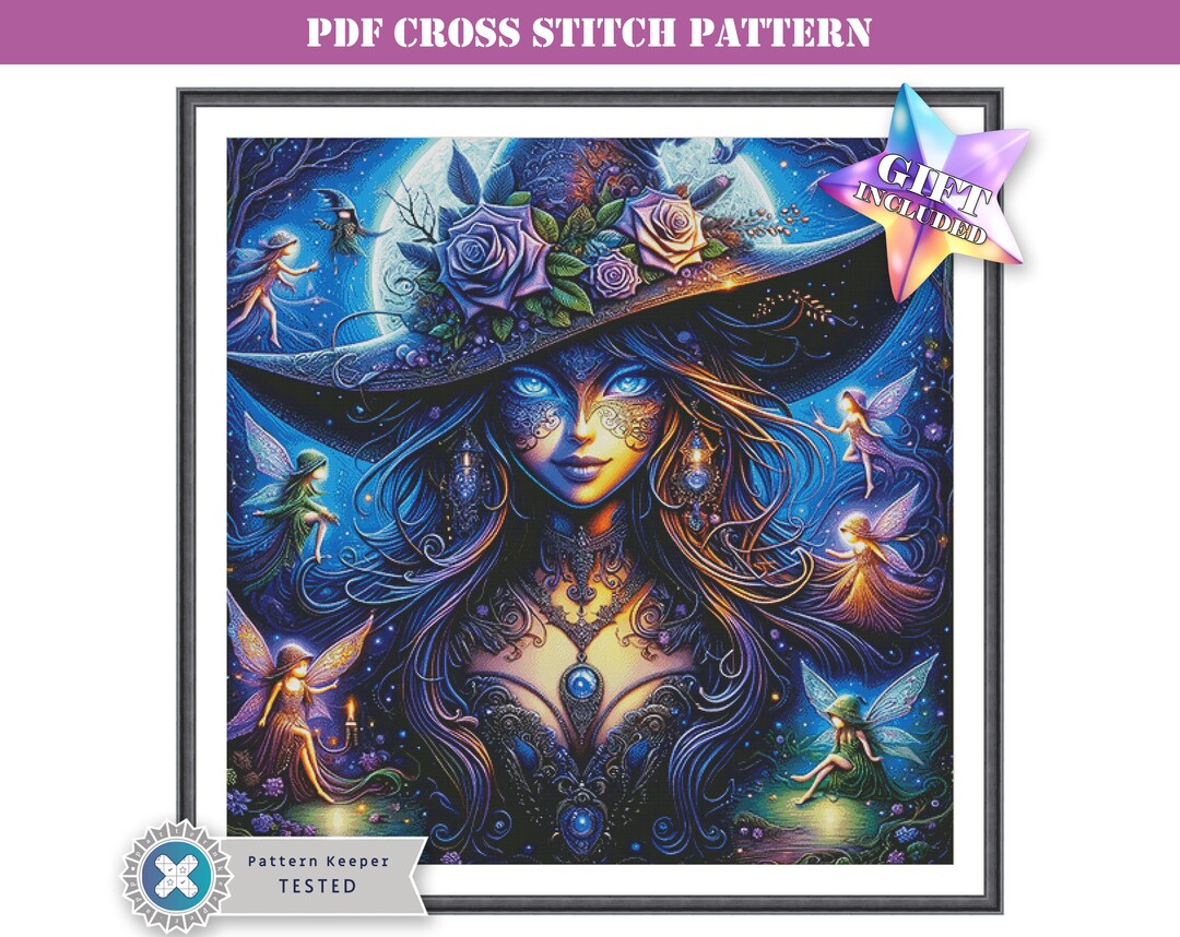 Full Coverage PDF Counted Cross Stitch Pattern Fantasy Witch With Vivid ...