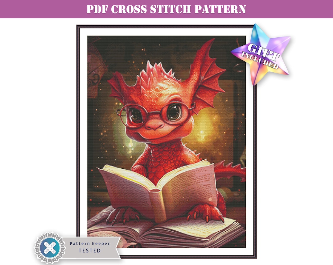 Cute Red Baby Dragon Reading a Book Fantasy Full Coverage Cross Stitch ...