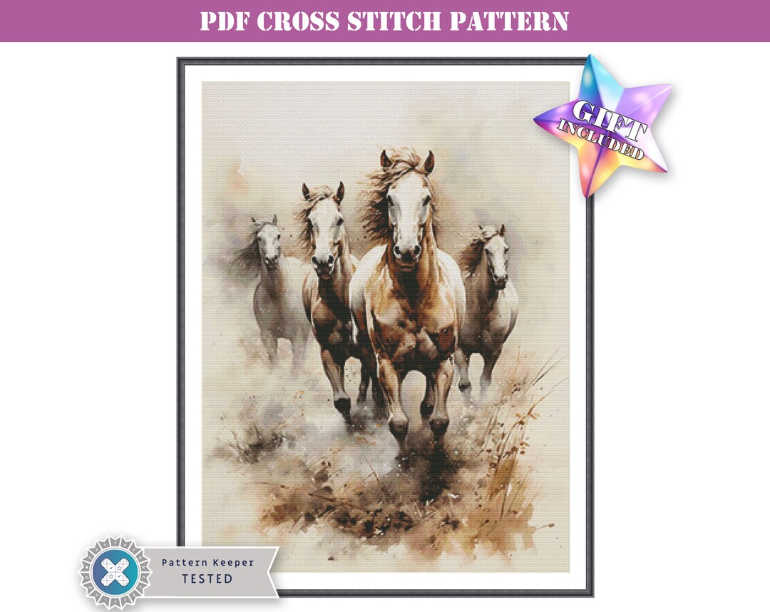 PDF Counted Cross Stitch Pattern - Running White Horses. Printable ...