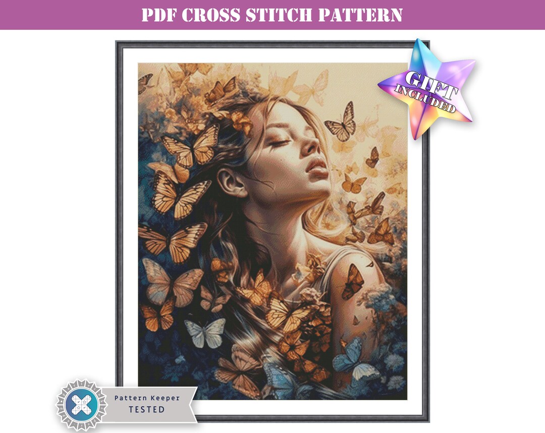 PDF Counted Cross Stitch Pattern Woman Portrait With Butterflies ...