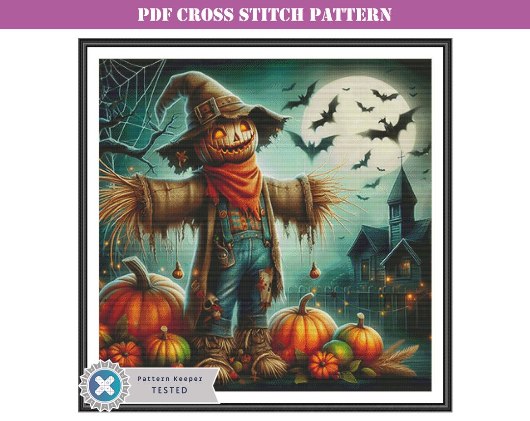 Spooky Halloween Scarecrow Counted Cross Stitch Pattern - Full Coverage ...