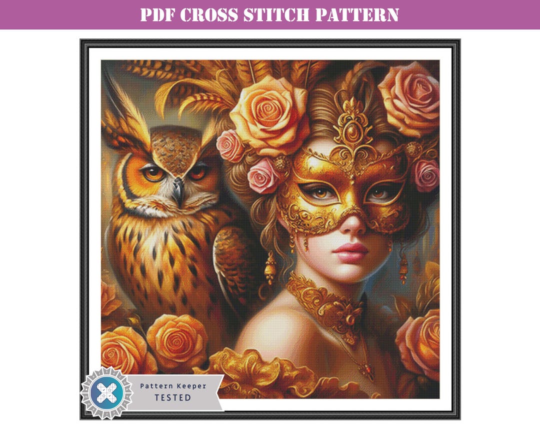 Baroque Masquerade Mask Elegant Woman & Owl Full Coverage Cross Stitch ...