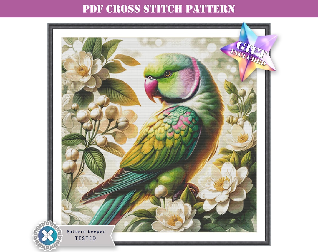 Green Parakeet With Jasmine Flowers Full Coverage Modern Counted Cross ...