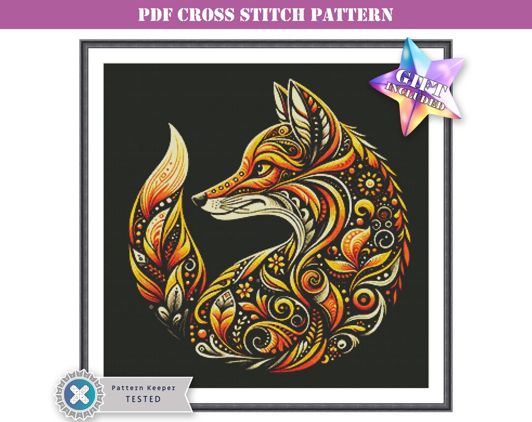 Folk Inspired Fox on Black Background Full Coverage Cross Stitch ...