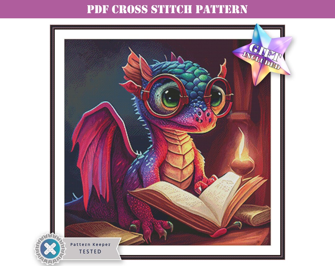 Cute Baby Dragon Reading a Book Fantasy Full Coverage Cross Stitch ...