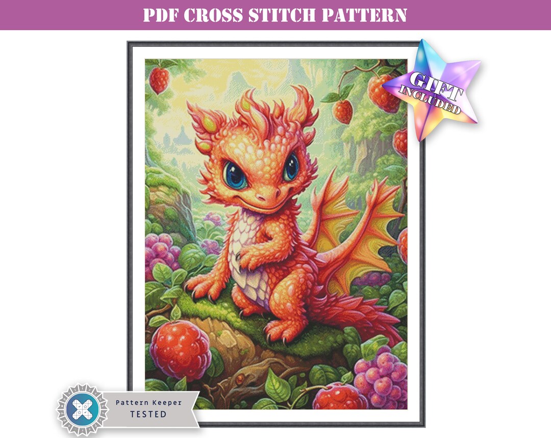 Cute Little Baby Dragon in a Fantasy Berry Garden Full Coverage Cross ...
