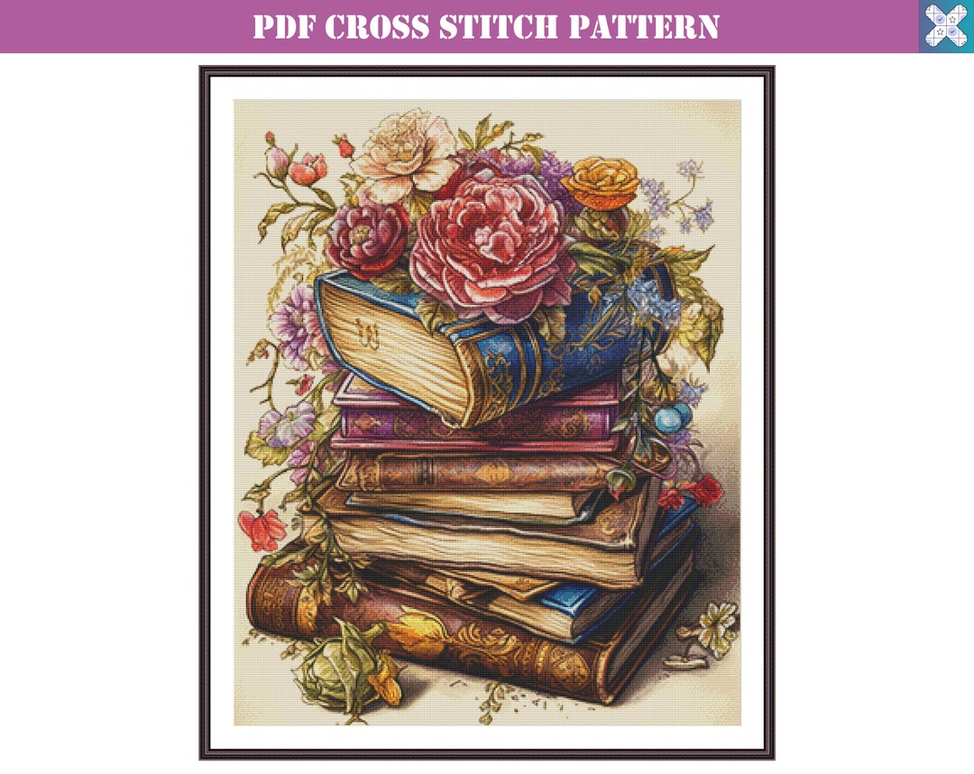 Stack of Books With Flowers Large Full Coverage Cross Stitch - Etsy