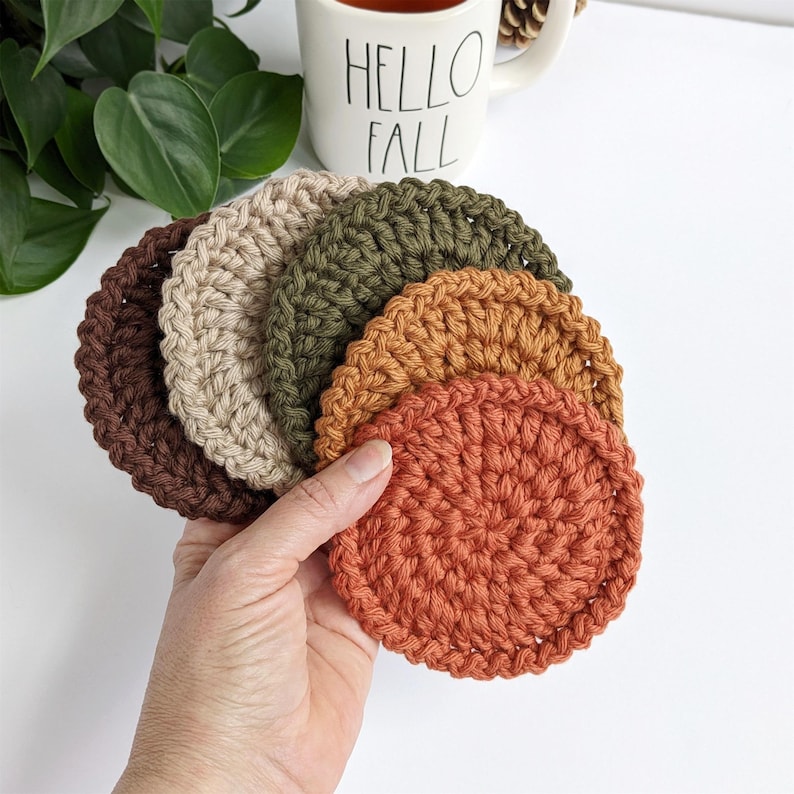 Fall Crochet Coasters, Set of 5, Round Cotton Coffee Drink Coaster ...