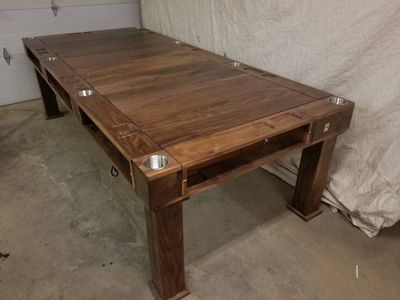 8 Player Walnut Board Game Table W/ Drawers, Lights, Top, and Cabinet ...