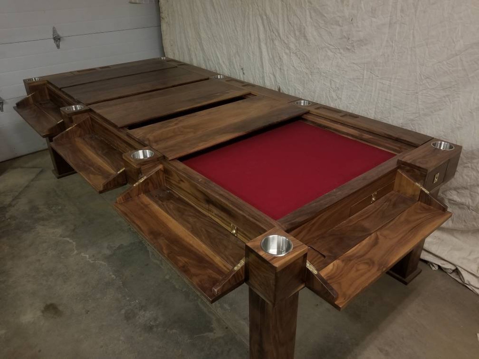 8 Player Walnut Board Game Table W/ Drawers, Lights, Top, and Cabinet ...