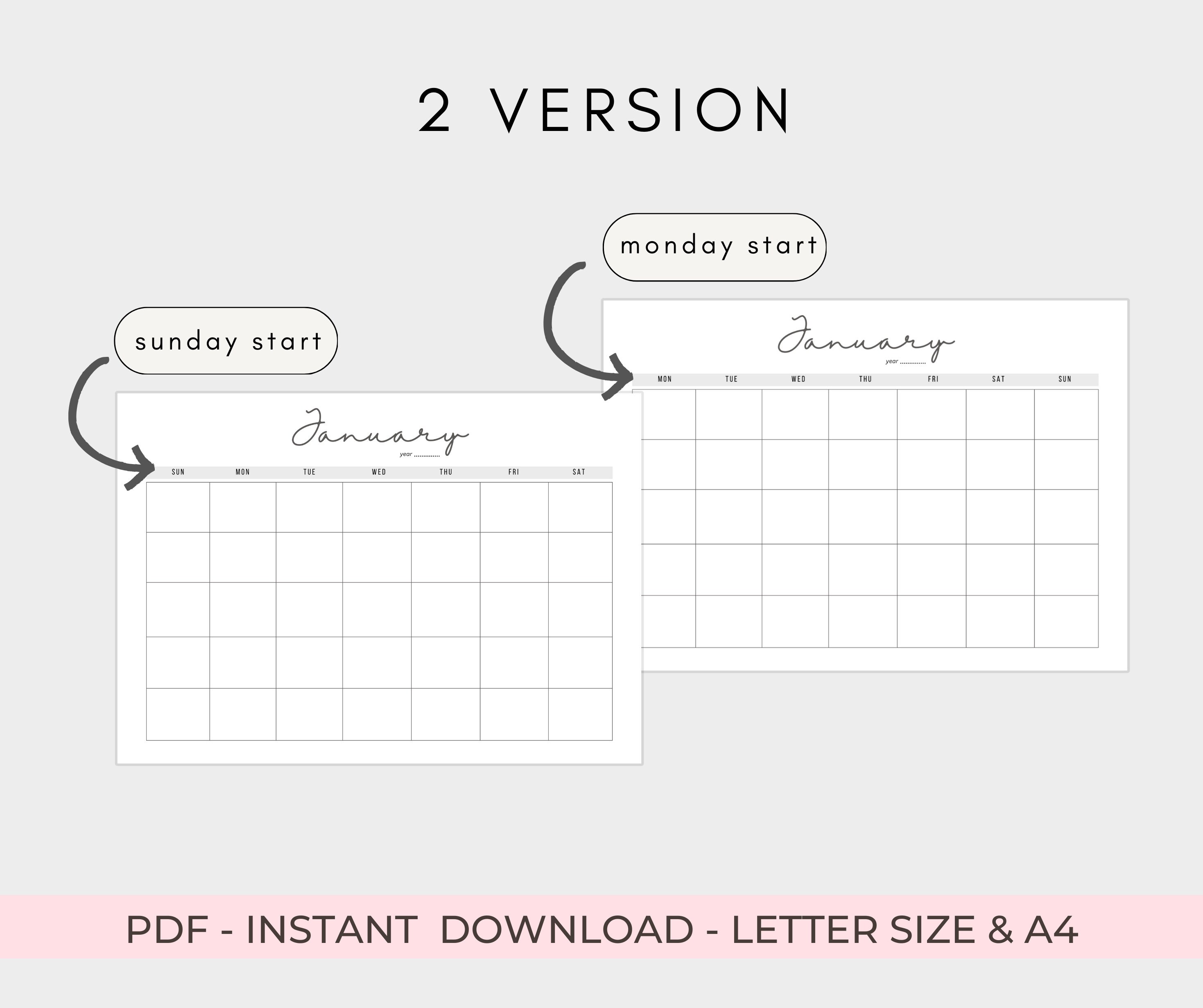 Monthly Blank Calendar Sunday Start , Undated Monthly Printable ...