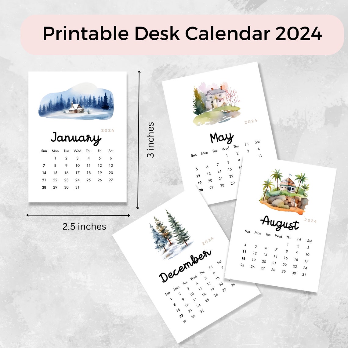 Monthly Desk Calendar Sunday Start 2024, Printable 2024 Mini Calendar ...