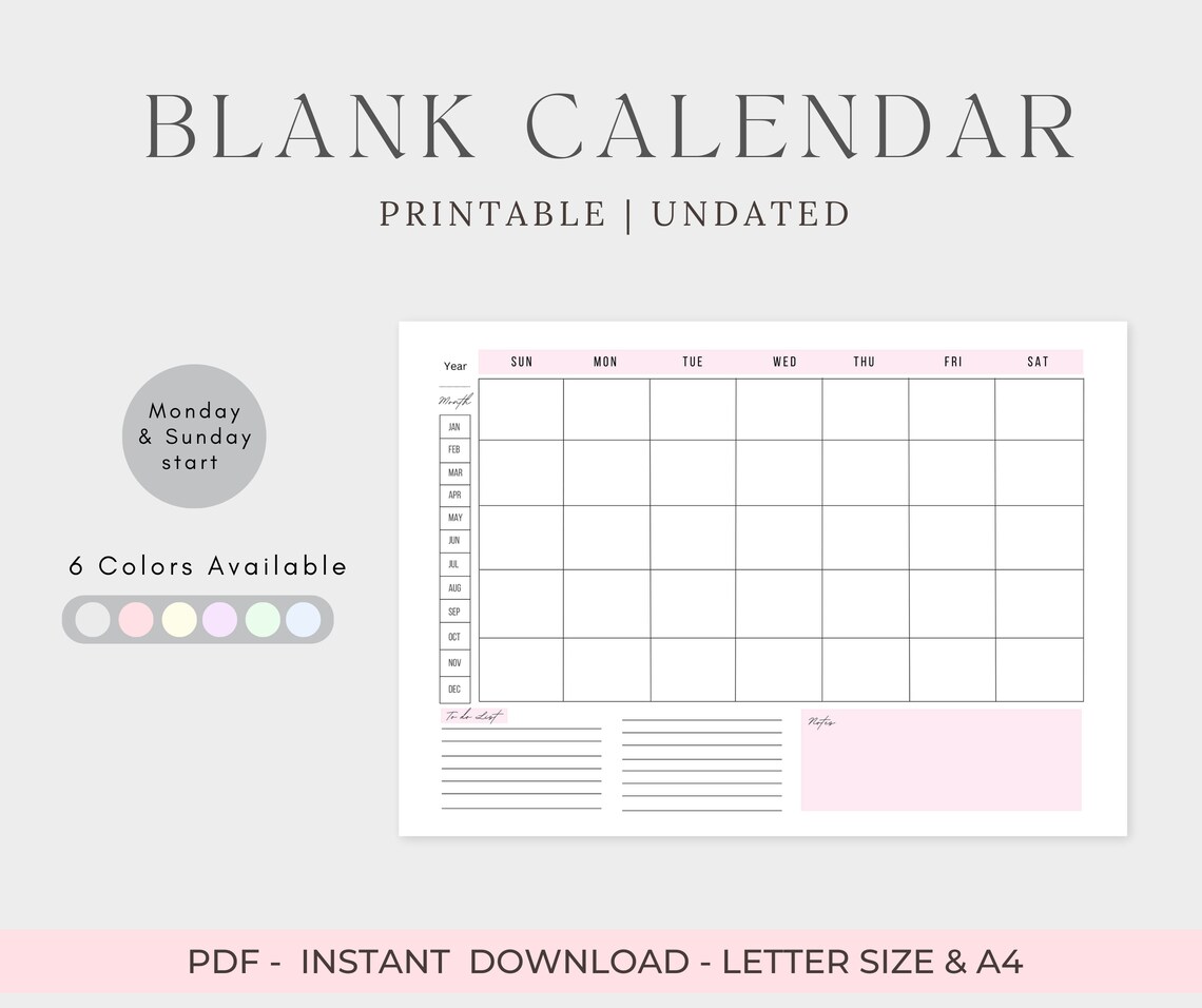 Blank Monthly Calendar Printable Digital Blank Calendar - Etsy