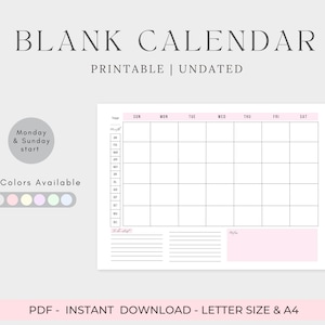 Blank Monthly Calendar Printable, Digital Blank Calendar, Undated Blank ...