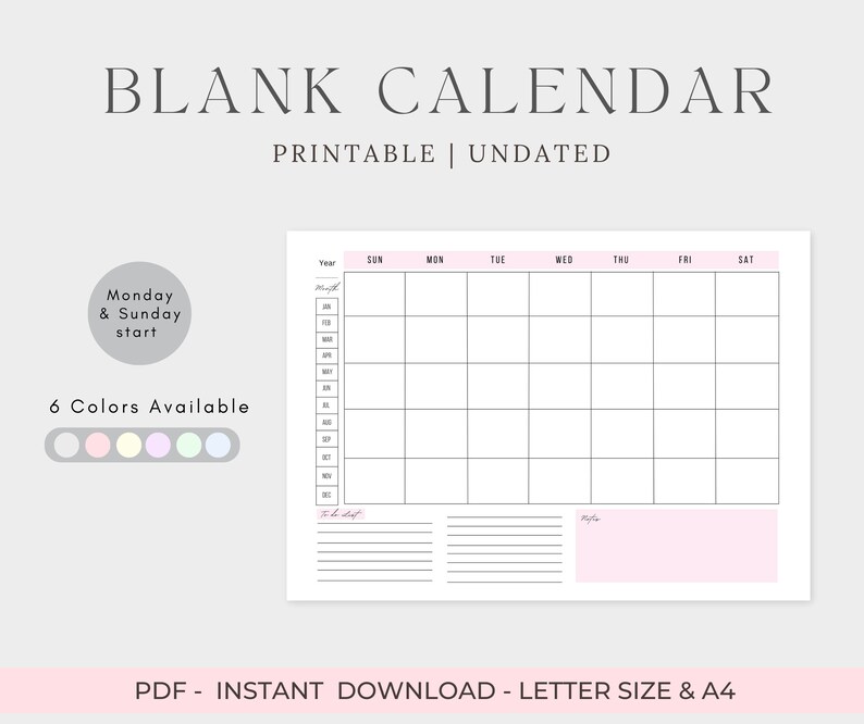 Blank Monthly Calendar Printable, Digital Blank Calendar, Undated Blank ...