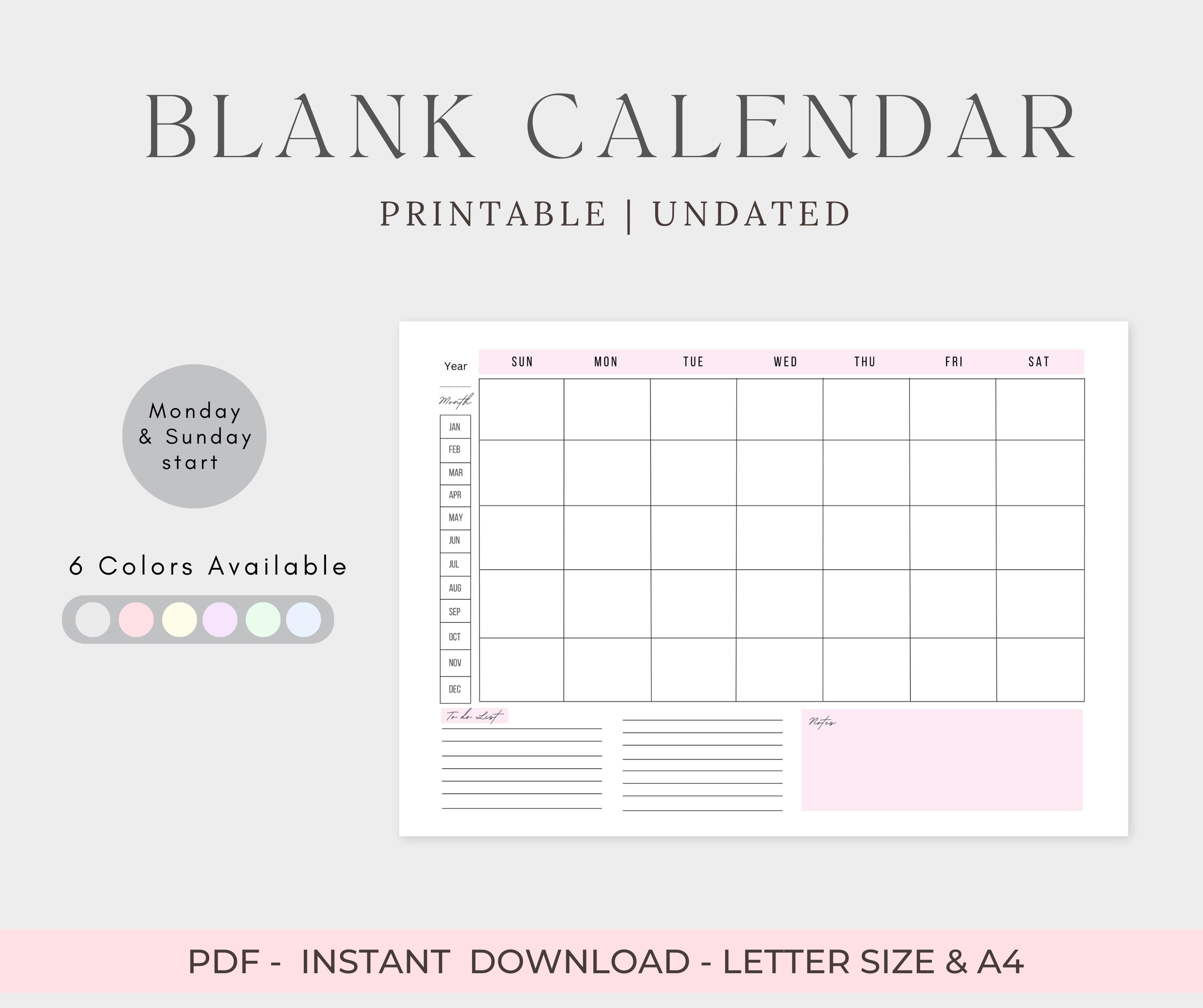 Blank Monthly Calendar Printable Digital Blank Calendar - Etsy
