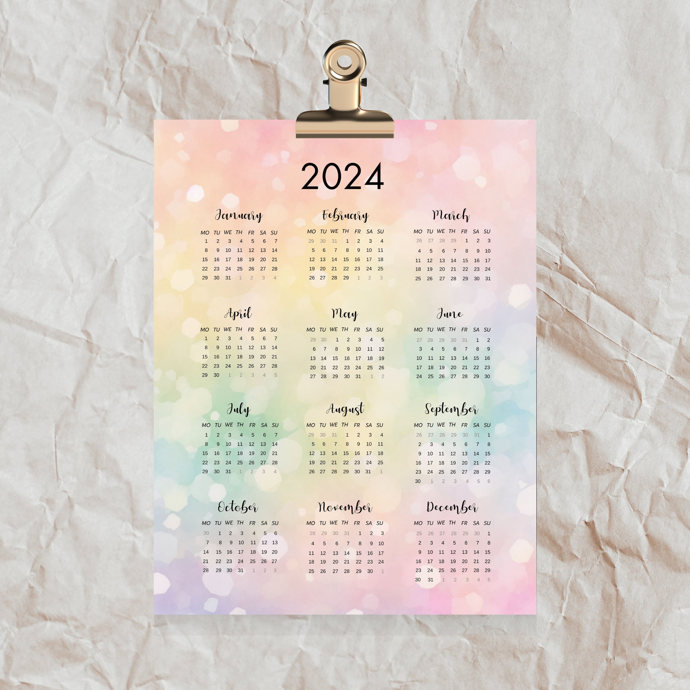 2024 Rainbow Calendar Digital Printable 2024 Calendar - Etsy
