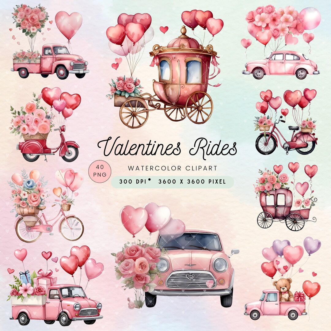 Watercolor Valentine Rides Clipart, Valentines Balloons Clipart ...