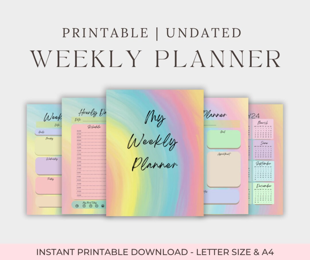 Undated Weekly Planner Printable, Hourly Planner, Rainbow Weekly ...