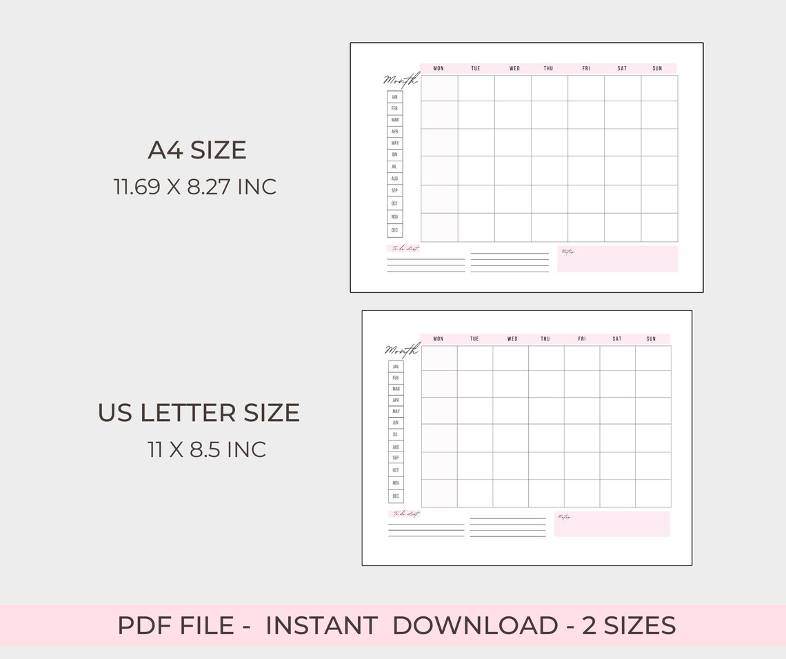 Blank Monthly Calendar Printable: Undated, Multiple Colors (letter & A4 ...