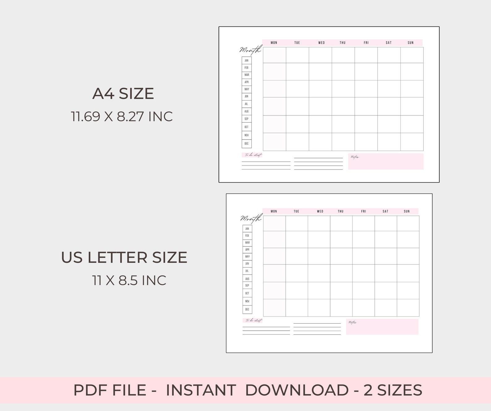 Blank Monthly Calendar Printable, Digital Blank Calendar, Undated Blank ...