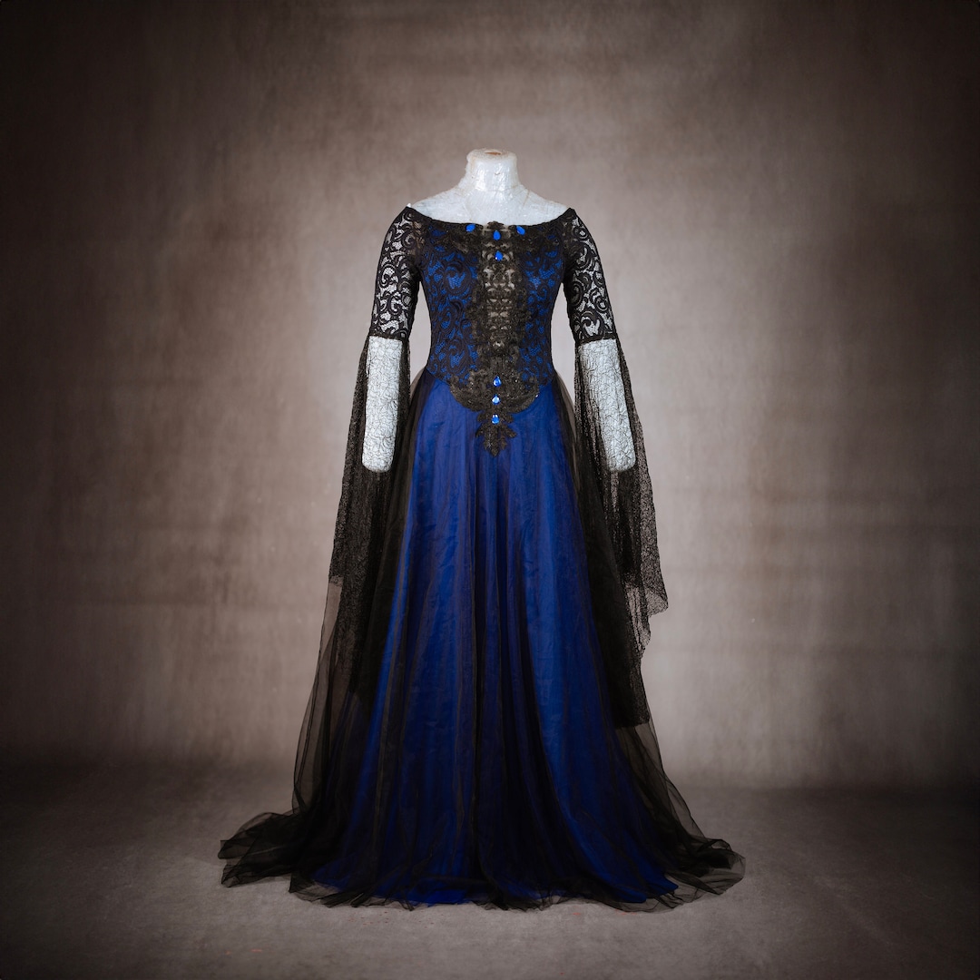 Black Navy Blue Pentagram Satanic Gothic Wedding Dress Bell Sleeves to ...