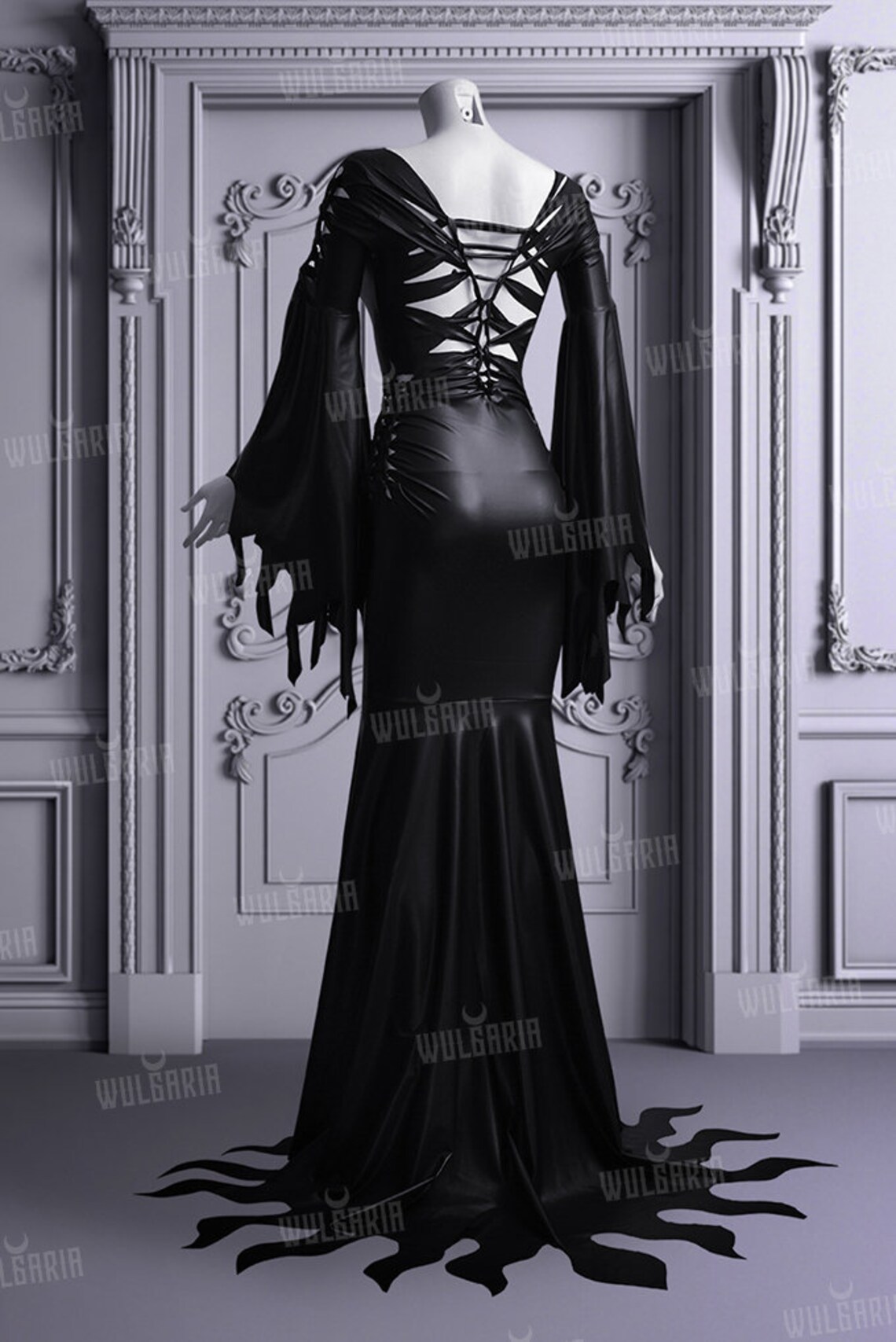 Slashed dress Morticia Addams black gothic latex wet look | Etsy