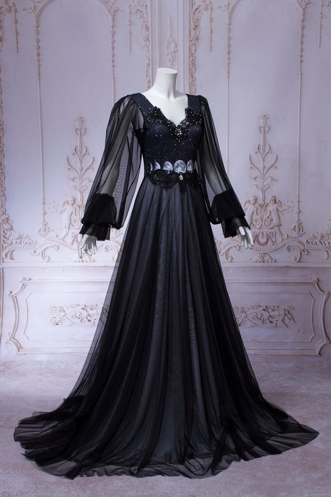 Black Moon Silver Dress Wedding Gown Phases Gothic Bell Sleeves Maxi ...