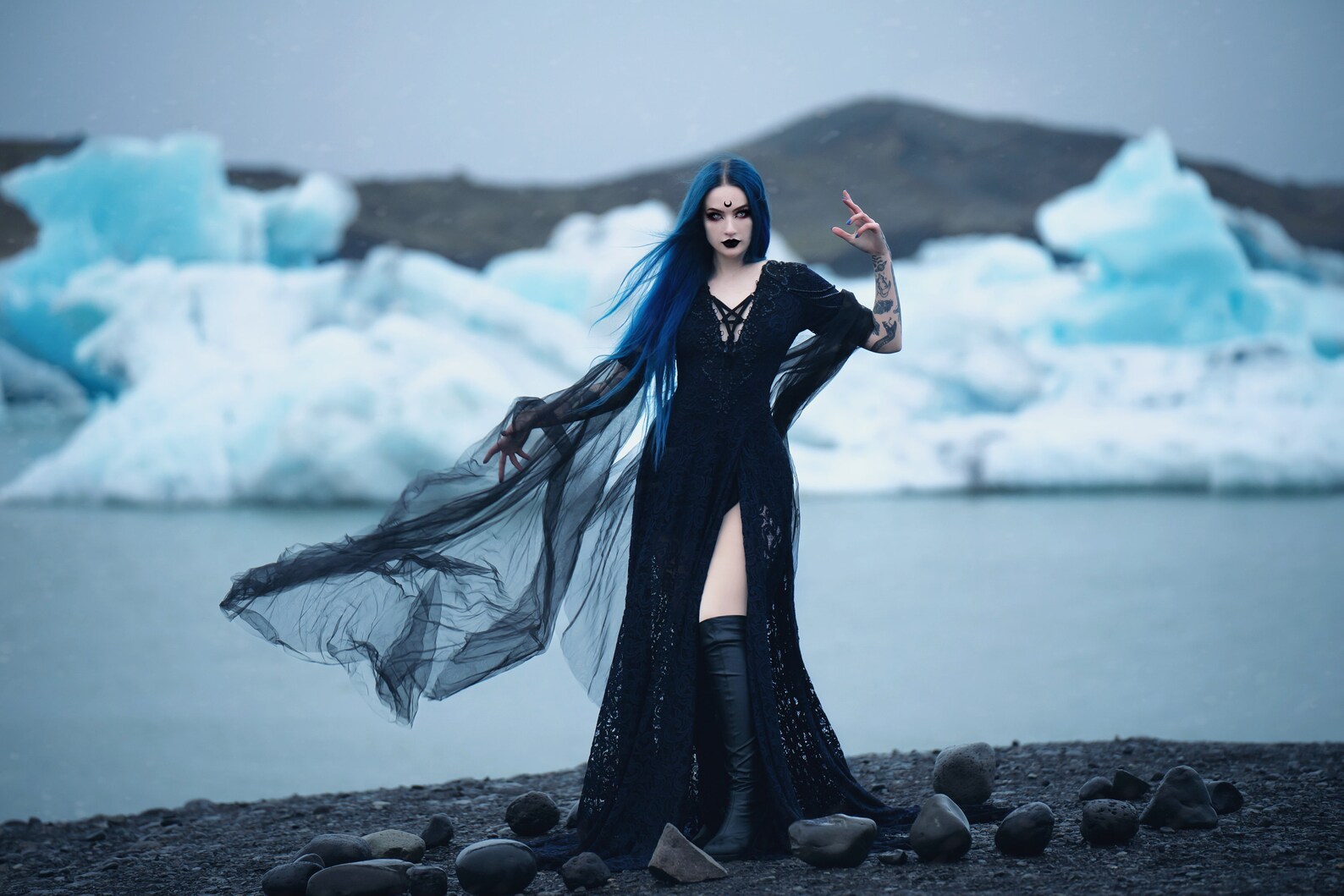Black Navy Blue Pentagram Satanic Gothic Wedding Dress Bell Sleeves to ...