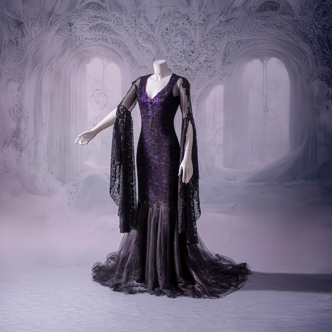 Gothic Mermaid Dress: Purple Black Lace & Sparkling Guipure With Glass ...