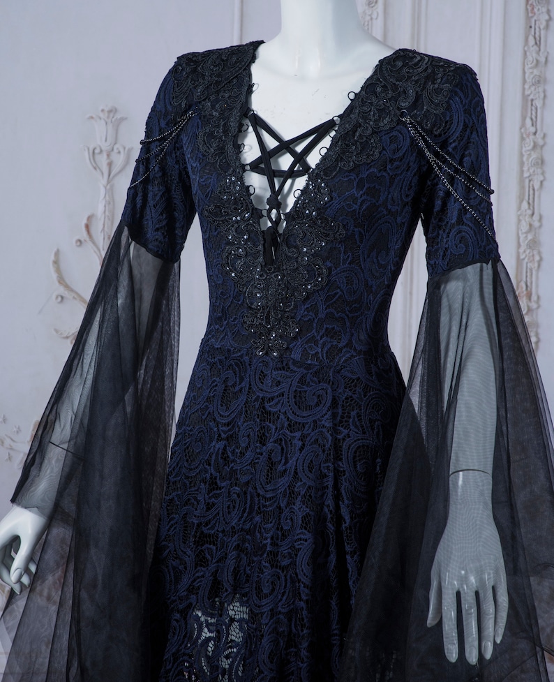 Black Navy Blue Pentagram Satanic Gothic Wedding Dress Bell Sleeves to ...