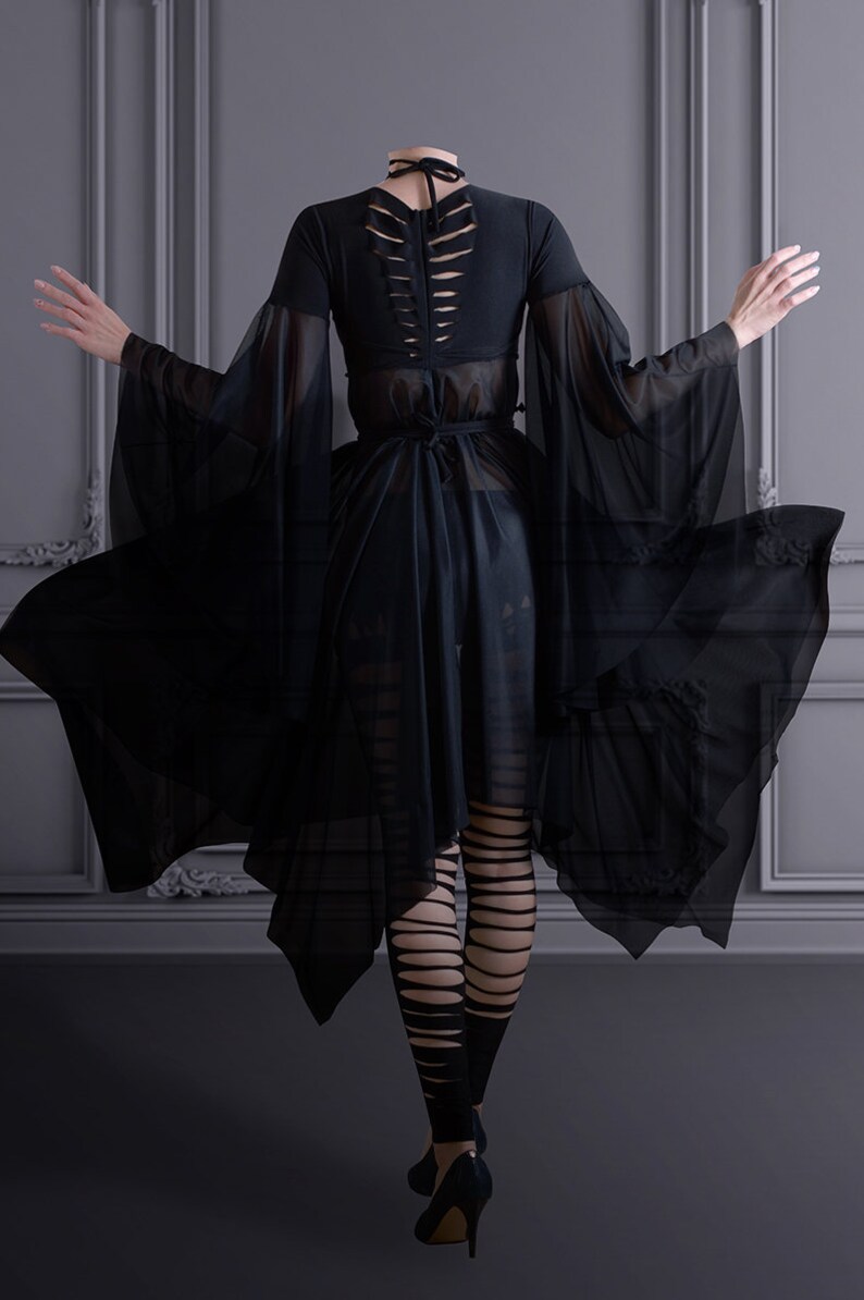 Slashed dress Morticia Addams black gothic with leggins | Etsy