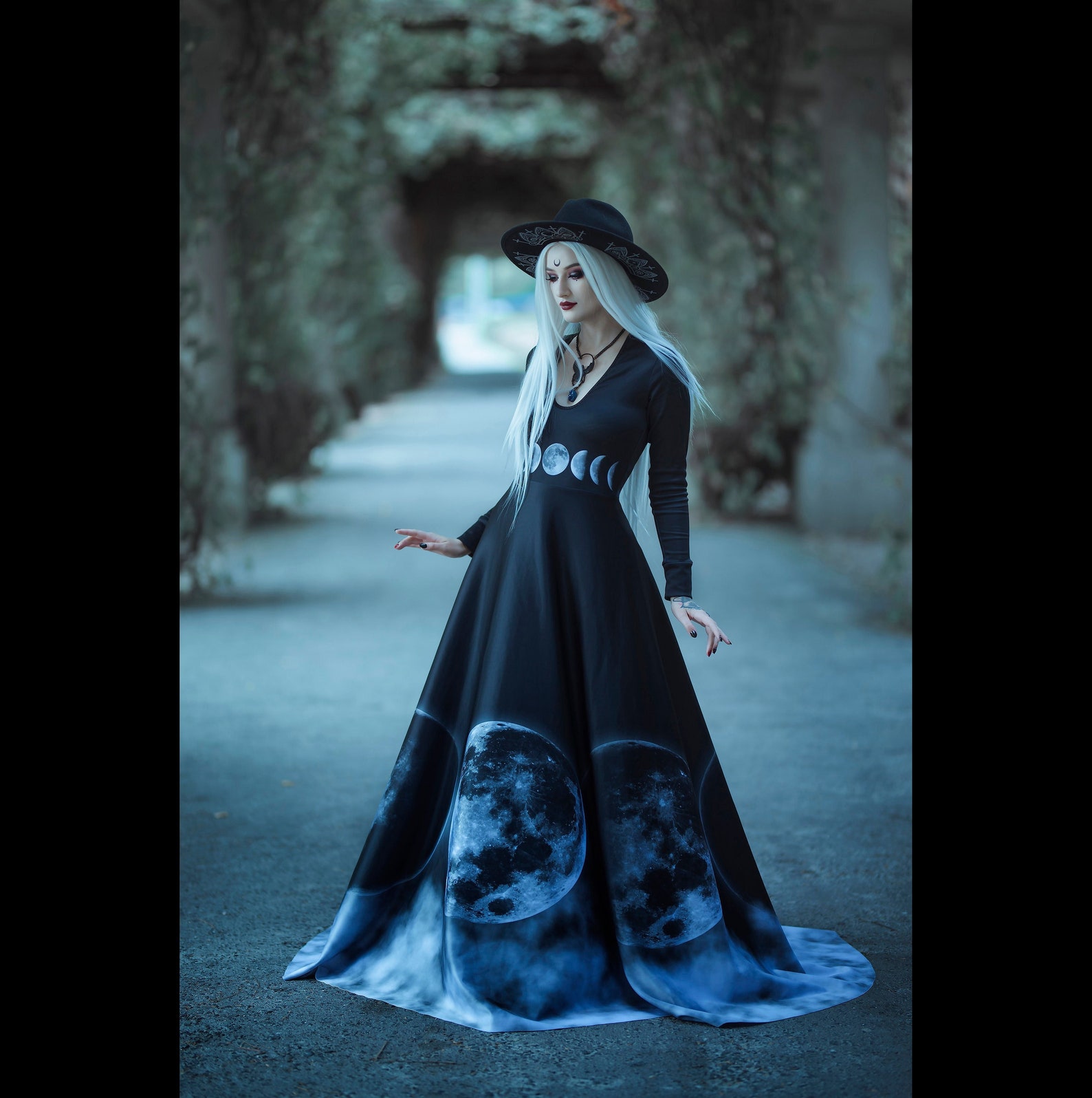 Maxi Ombre Moon Dress Gothic Phases Gray Wednesday Wiccan - Etsy