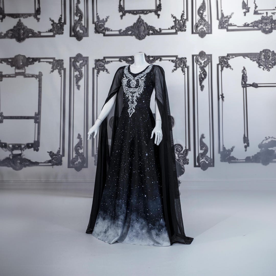 Silver Lace Mist Gown Dress Elven Dark Ombre Long Train Sleeves Beads ...