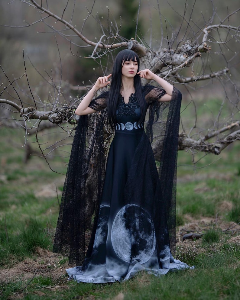 Gothic Moon Phases Wedding Dress With Sheer Lace Sleeves, Celestial ...