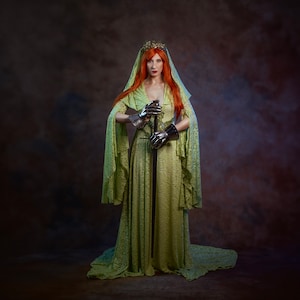 Elven Green Wedding Dress With Beaded Lace Appliqués, Hand Dyed Fantasy ...