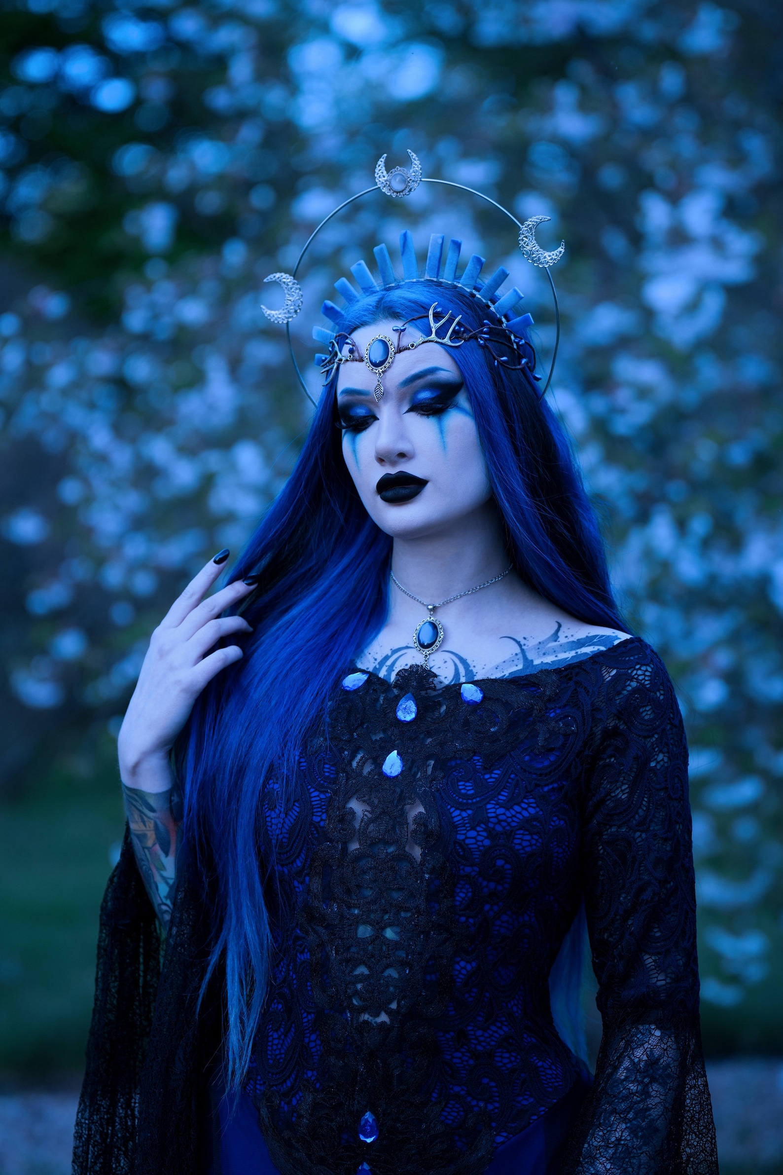 Black Navy Blue Pentagram Satanic Gothic Wedding Dress Bell Sleeves to ...