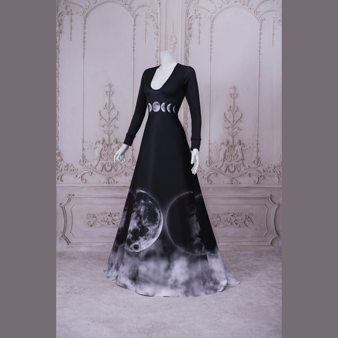 Maxi Ombre Moon Dress Gothic Phases Gray Wednesday Wiccan Witchy ...