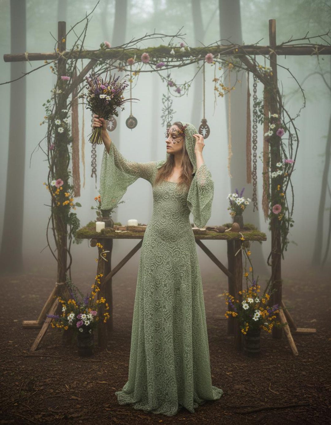 Nimue Earth Priestess Gown – Handfasting Dress, Elven Green Lace ...