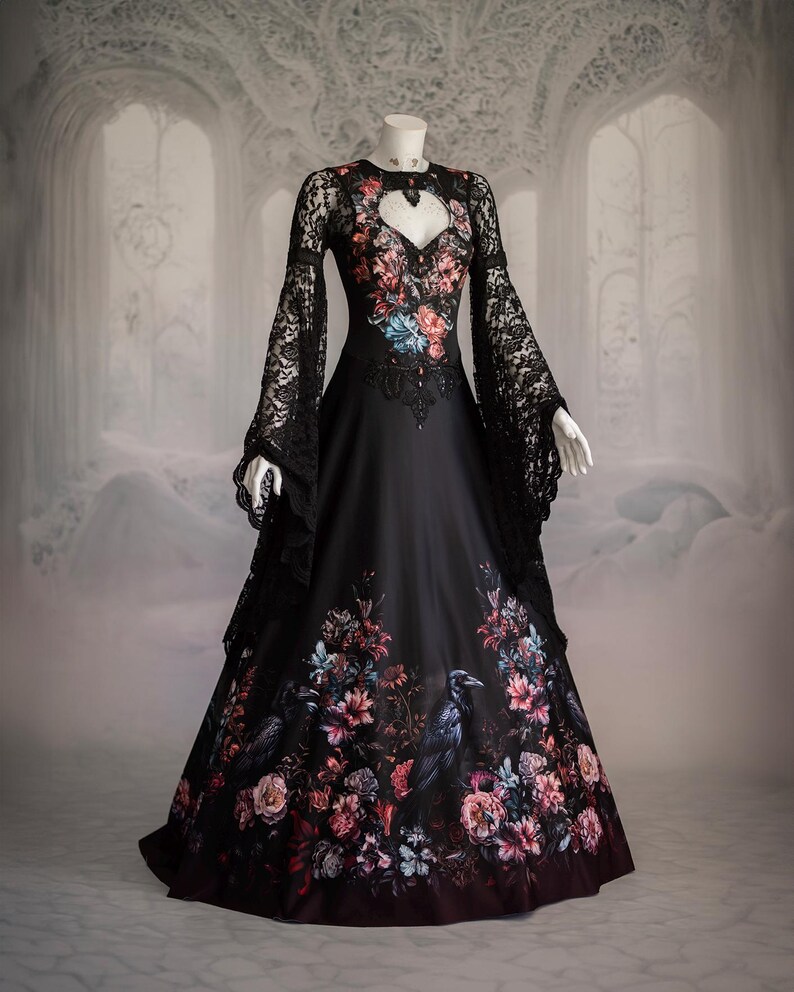 Morrigan Halloween Crow Gown Gothic Black Wedding Dress With Lace ...