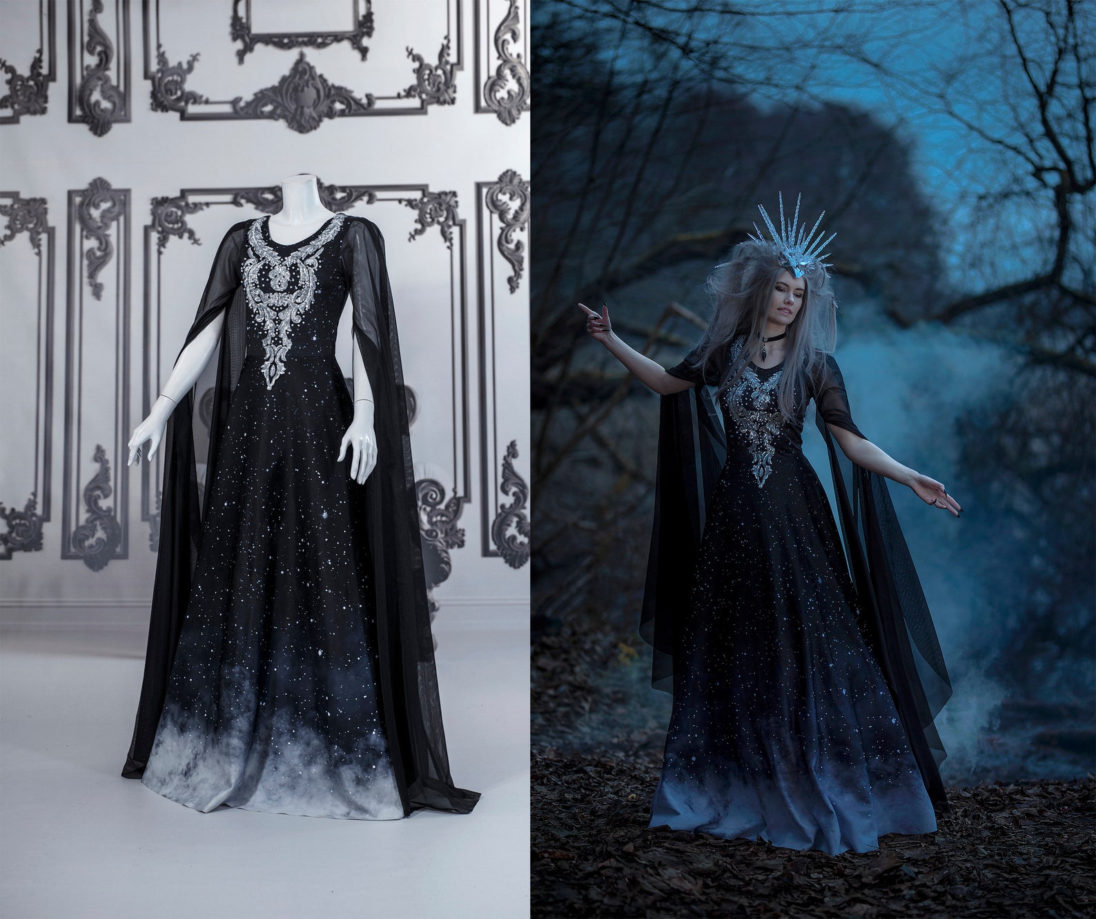 Silver Lace Mist Gown Dress Elven Dark Ombre Long Train - Etsy